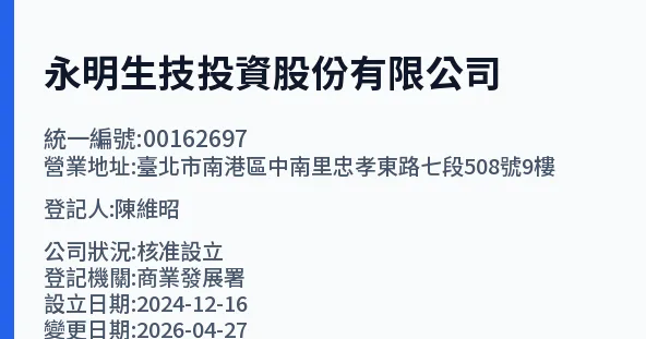 永明生技投資股份有限公司的照片-統編 00162697(臺北市) 公司登記資料與營業項目詳細圖表