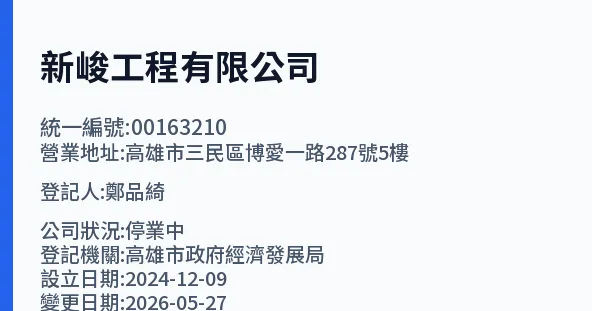 新峻工程有限公司的照片-統編 00163210(高雄市) 公司登記資料與營業項目詳細圖表