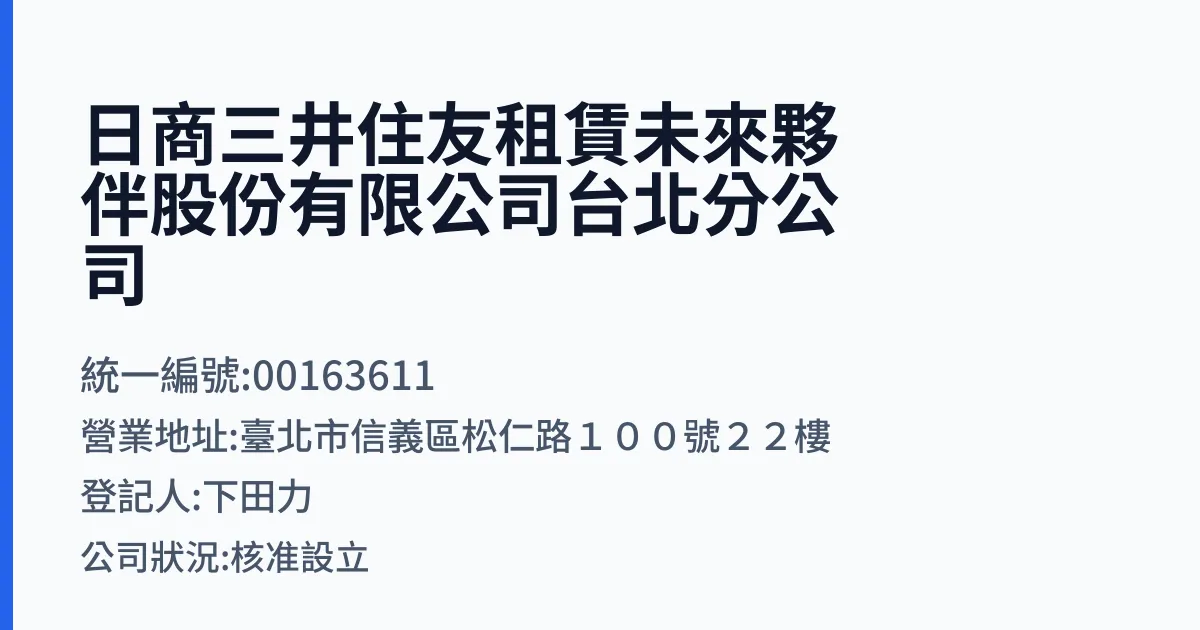日商三井住友租賃未來夥伴股份有限公司台北分公司 - 統編 00163611(臺北市) 公司登記資料與營業項目詳細圖表