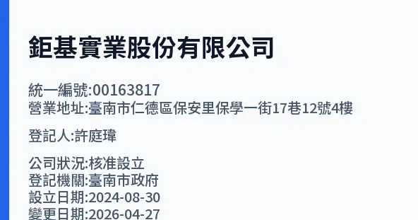 鉅基實業股份有限公司的照片-統編 00163817(臺南市) 公司登記資料與營業項目詳細圖表