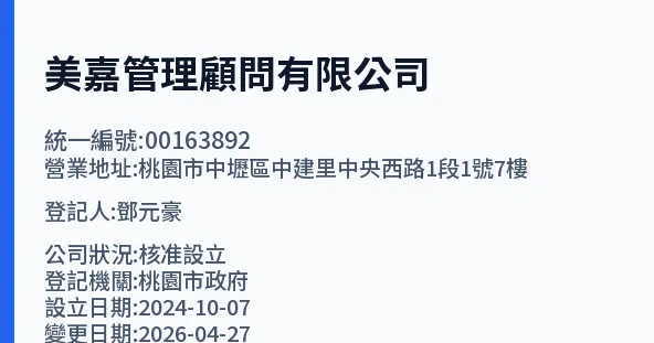 美嘉管理顧問有限公司的照片-統編 00163892(桃園市) 公司登記資料與營業項目詳細圖表