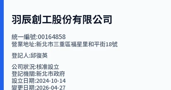 羽辰創工股份有限公司的照片-統編 00164858(新北市) 公司登記資料與營業項目詳細圖表