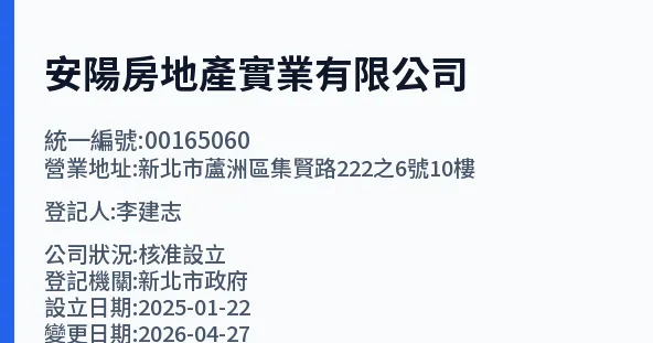 安陽房地產實業有限公司的照片-統編 00165060(新北市) 公司登記資料與營業項目詳細圖表