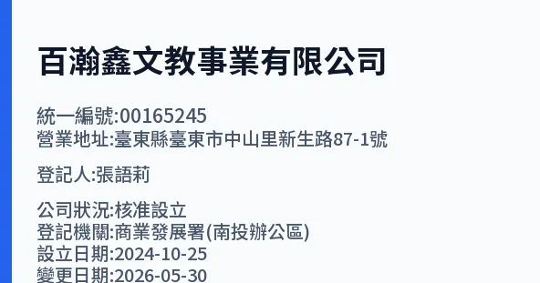百瀚鑫文教事業有限公司的照片-統編 00165245(臺東縣) 公司登記資料與營業項目詳細圖表
