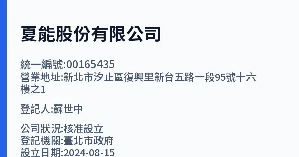 夏能股份有限公司的照片-統編 00165435(新北市) 公司登記資料與營業項目詳細圖表