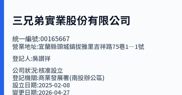 三兄弟實業股份有限公司的照片-統編 00165667(宜蘭縣) 公司登記資料與營業項目詳細圖表
