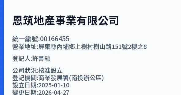 恩筑地產事業有限公司的照片-統編 00166455(屏東縣) 公司登記資料與營業項目詳細圖表