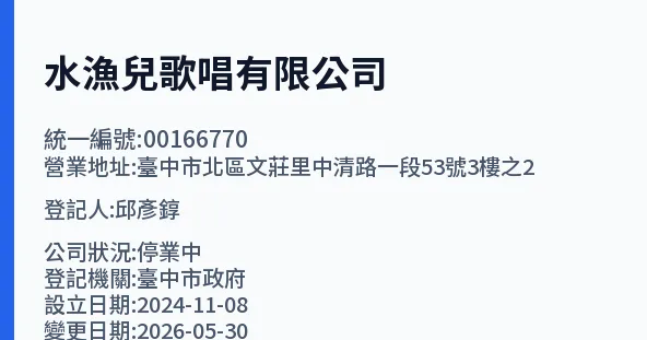 水漁兒歌唱有限公司的照片-統編 00166770(臺中市) 公司登記資料與營業項目詳細圖表