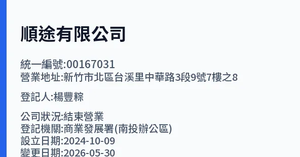 順途有限公司的照片-統編 00167031(新竹市) 公司登記資料與營業項目詳細圖表