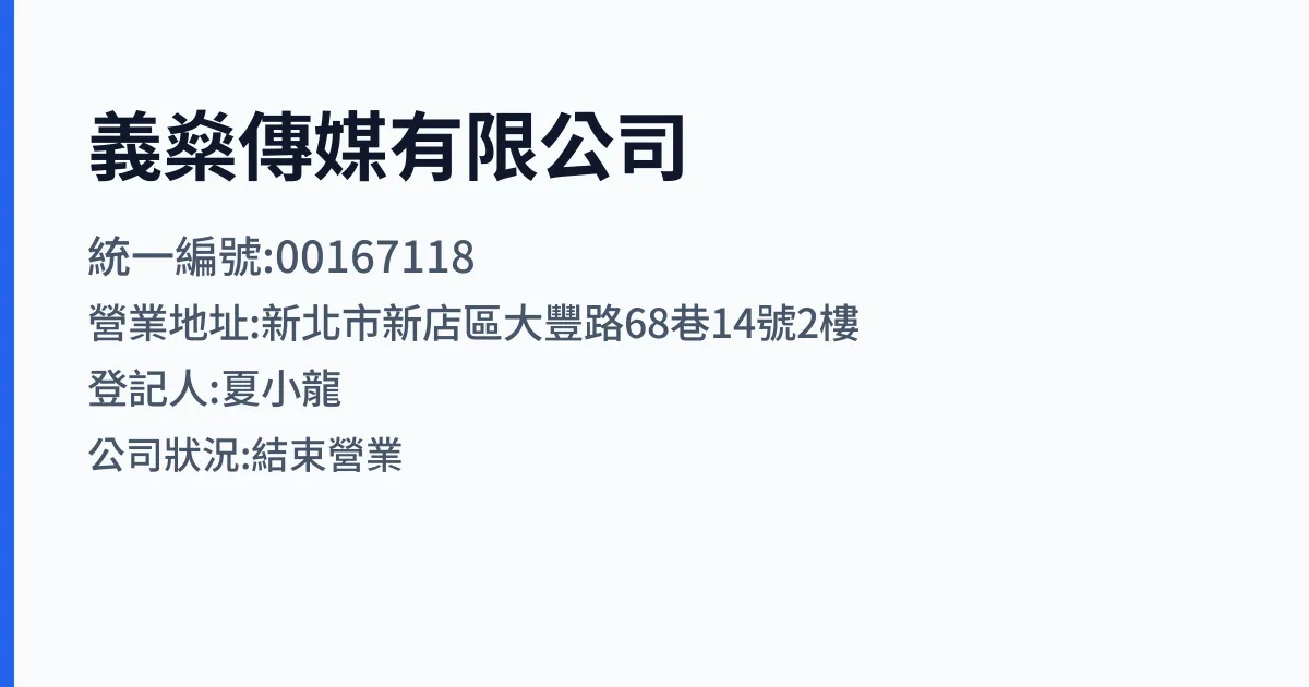 義燊傳媒有限公司 - 統編 00167118(新北市) 公司登記資料與營業項目詳細圖表