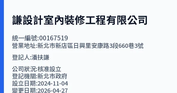 謙設計室內裝修工程有限公司的照片-統編 00167519(新北市) 公司登記資料與營業項目詳細圖表