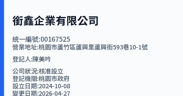 銜鑫企業有限公司的照片-統編 00167525(桃園市) 公司登記資料與營業項目詳細圖表