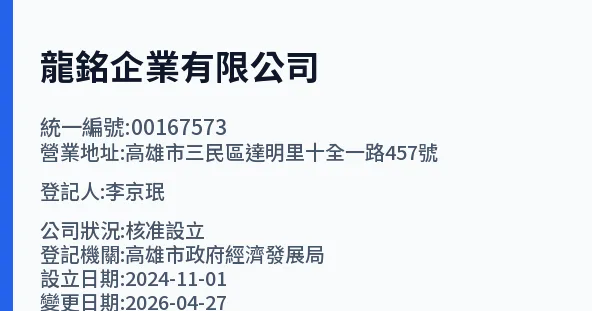 龍銘企業有限公司的照片-統編 00167573(高雄市) 公司登記資料與營業項目詳細圖表