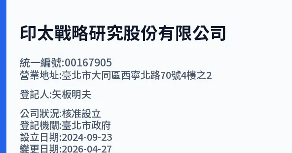 印太戰略研究股份有限公司的照片-統編 00167905(臺北市) 公司登記資料與營業項目詳細圖表