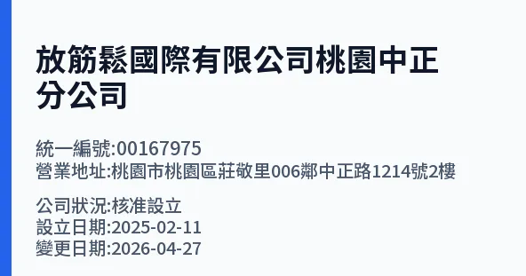 放筋鬆國際有限公司桃園中正分公司的照片-統編 00167975(桃園市) 公司登記資料與營業項目詳細圖表