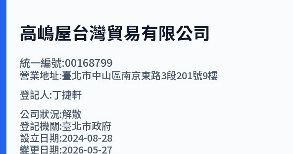 高嶋屋台灣貿易有限公司的照片-統編 00168799(臺北市) 公司登記資料與營業項目詳細圖表