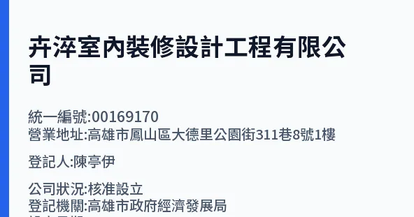 卉淬室內裝修設計工程有限公司的照片-統編 00169170(高雄市) 公司登記資料與營業項目詳細圖表