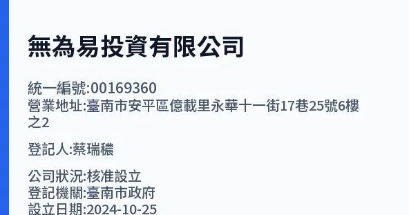 無為易投資有限公司的照片-統編 00169360(臺南市) 公司登記資料與營業項目詳細圖表