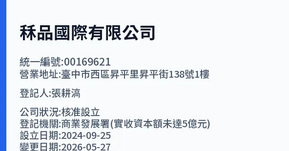 秝品國際有限公司的照片-統編 00169621(彰化縣) 公司登記資料與營業項目詳細圖表