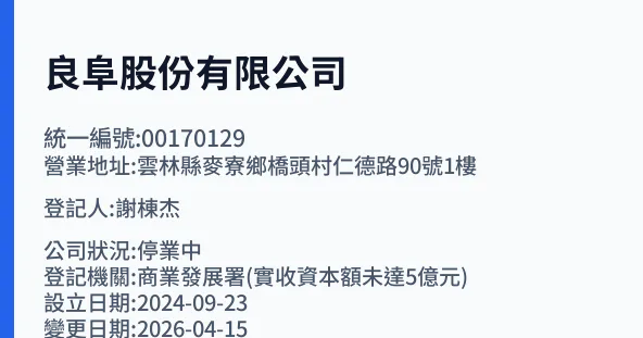 良阜股份有限公司的照片-統編 00170129(雲林縣) 公司登記資料與營業項目詳細圖表