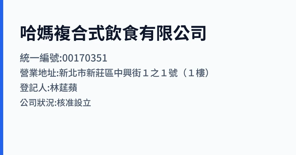 哈媽複合式飲食有限公司 - 統編 00170351(新北市) 公司登記資料與營業項目詳細圖表