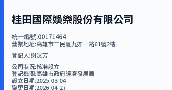 桂田國際娛樂股份有限公司的照片-統編 00171464(高雄市) 公司登記資料與營業項目詳細圖表