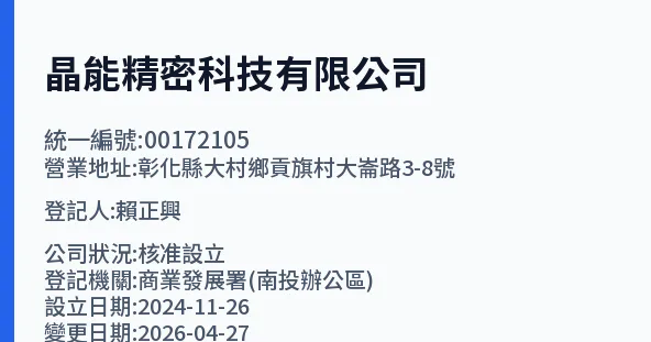 晶能精密科技有限公司的照片-統編 00172105(彰化縣) 公司登記資料與營業項目詳細圖表