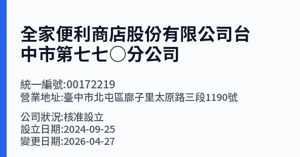 全家便利商店股份有限公司台中市第七七○分公司的照片-統編 00172219(臺中市) 公司登記資料與營業項目詳細圖表
