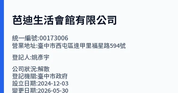 芭迪生活會館有限公司的照片-統編 00173006(臺中市) 公司登記資料與營業項目詳細圖表