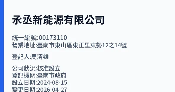 氶丞新能源有限公司的照片-統編 00173110(臺南市) 公司登記資料與營業項目詳細圖表