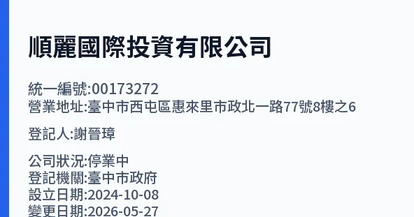 順麗國際投資有限公司的照片-統編 00173272(臺中市) 公司登記資料與營業項目詳細圖表