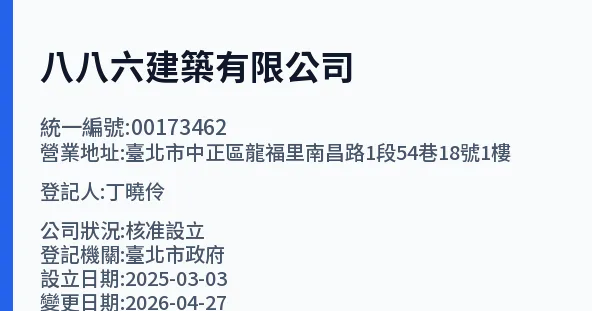 八八六建築有限公司的照片-統編 00173462(臺北市) 公司登記資料與營業項目詳細圖表