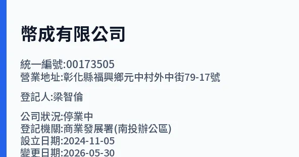 幣成有限公司的照片-統編 00173505(彰化縣) 公司登記資料與營業項目詳細圖表
