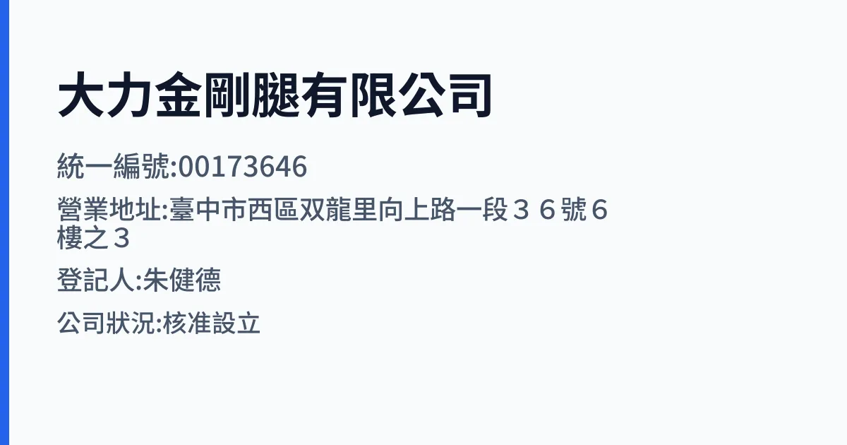 大力金剛腿有限公司 - 統編 00173646(臺中市) 公司登記資料與營業項目詳細圖表
