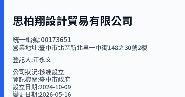思柏翔設計貿易有限公司的照片-統編 00173651(臺中市) 公司登記資料與營業項目詳細圖表