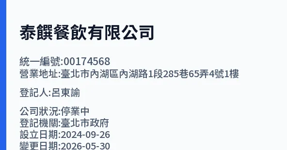 泰饌餐飲有限公司的照片-統編 00174568(臺北市) 公司登記資料與營業項目詳細圖表