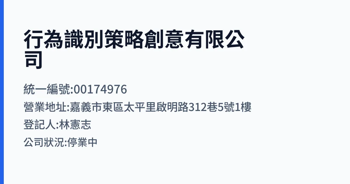 行為識別策略創意有限公司 - 統編 00174976(嘉義市) 公司登記資料與營業項目詳細圖表