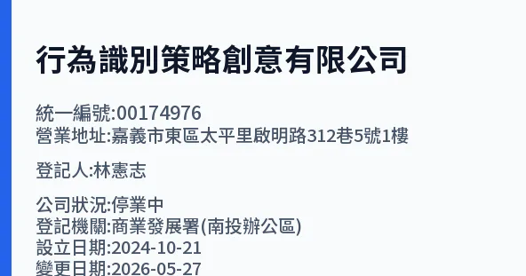 行為識別策略創意有限公司的照片-統編 00174976(嘉義市) 公司登記資料與營業項目詳細圖表