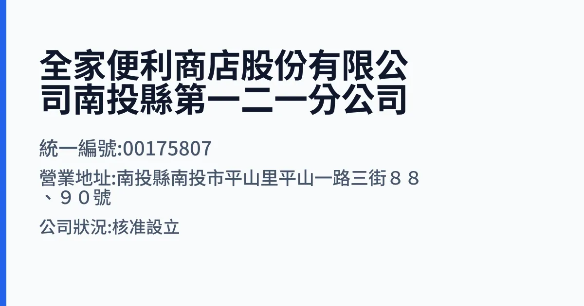 全家便利商店股份有限公司南投縣第一二一分公司 - 統編 00175807(南投縣) 公司登記資料與營業項目詳細圖表