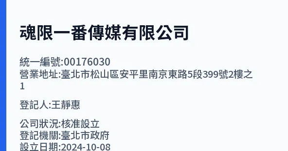 魂限一番傳媒有限公司的照片-統編 00176030(臺北市) 公司登記資料與營業項目詳細圖表