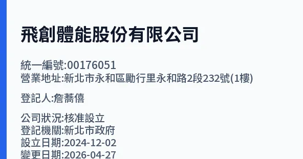 飛創體能股份有限公司的照片-統編 00176051(新北市) 公司登記資料與營業項目詳細圖表