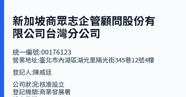 新加坡商眾志企管顧問股份有限公司台灣分公司的照片-統編 00176123(臺北市) 公司登記資料與營業項目詳細圖表