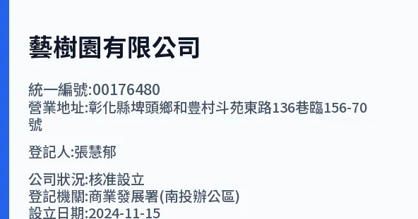藝樹園有限公司的照片-統編 00176480(彰化縣) 公司登記資料與營業項目詳細圖表