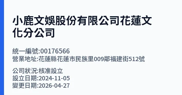小鹿文娛股份有限公司花蓮文化分公司的照片-統編 00176566(花蓮縣) 公司登記資料與營業項目詳細圖表