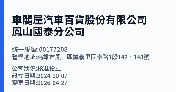 車麗屋汽車百貨股份有限公司鳳山國泰分公司的照片-統編 00177208(高雄市) 公司登記資料與營業項目詳細圖表