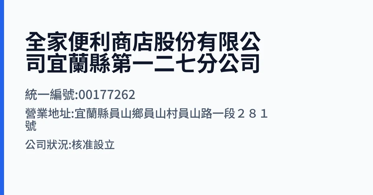 全家便利商店股份有限公司宜蘭縣第一二七分公司 - 統編 00177262（宜蘭縣） 公司登記資料與營業項目詳細圖表