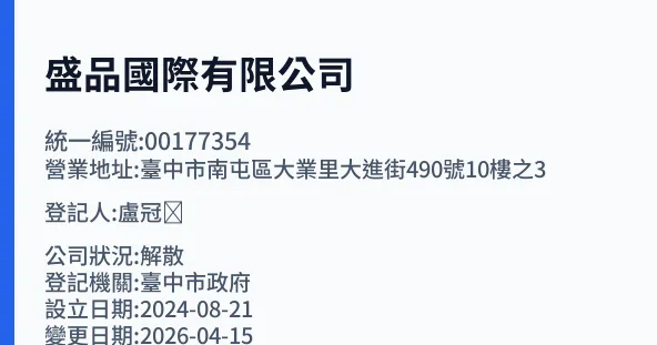 盛品國際有限公司的照片-統編 00177354(臺中市) 公司登記資料與營業項目詳細圖表