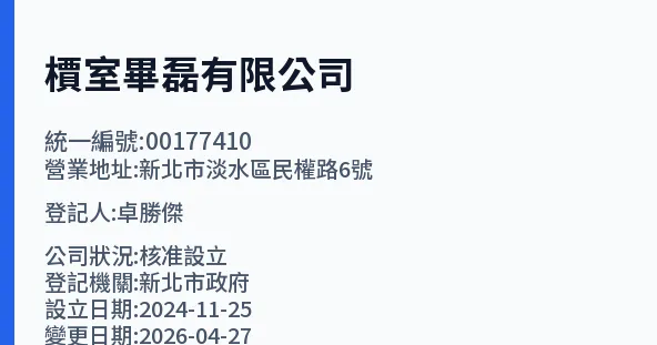 檟室畢磊有限公司的照片-統編 00177410(新北市) 公司登記資料與營業項目詳細圖表