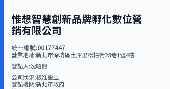 惟想智慧創新品牌孵化數位營銷有限公司的照片-統編 00177447(新北市) 公司登記資料與營業項目詳細圖表