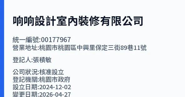 响响設計室內裝修有限公司的照片-統編 00177967(桃園市) 公司登記資料與營業項目詳細圖表